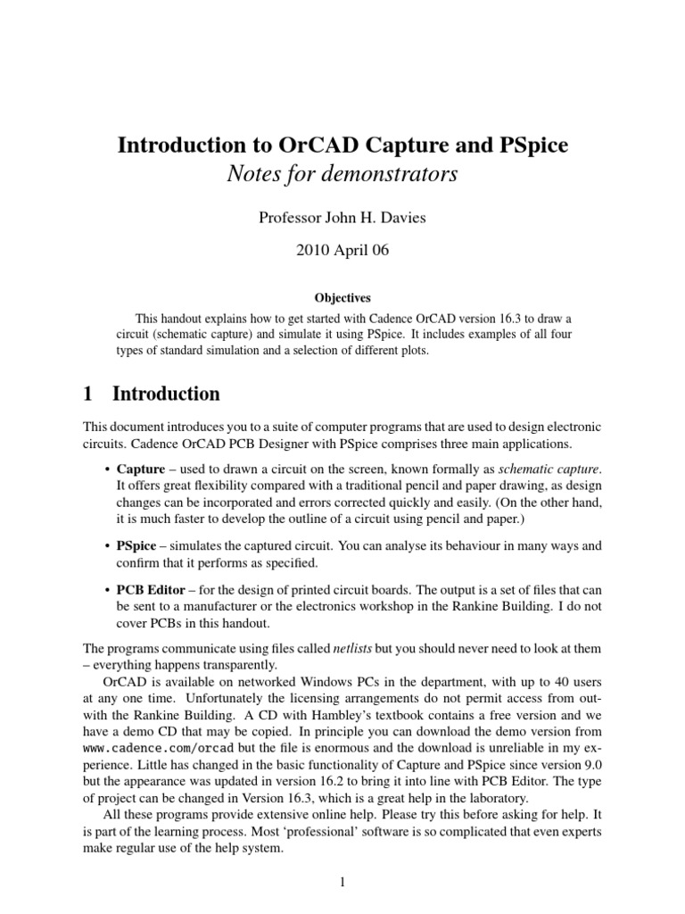 Introduction To Circuit Simulation A Guide To Using Orcad Capture And