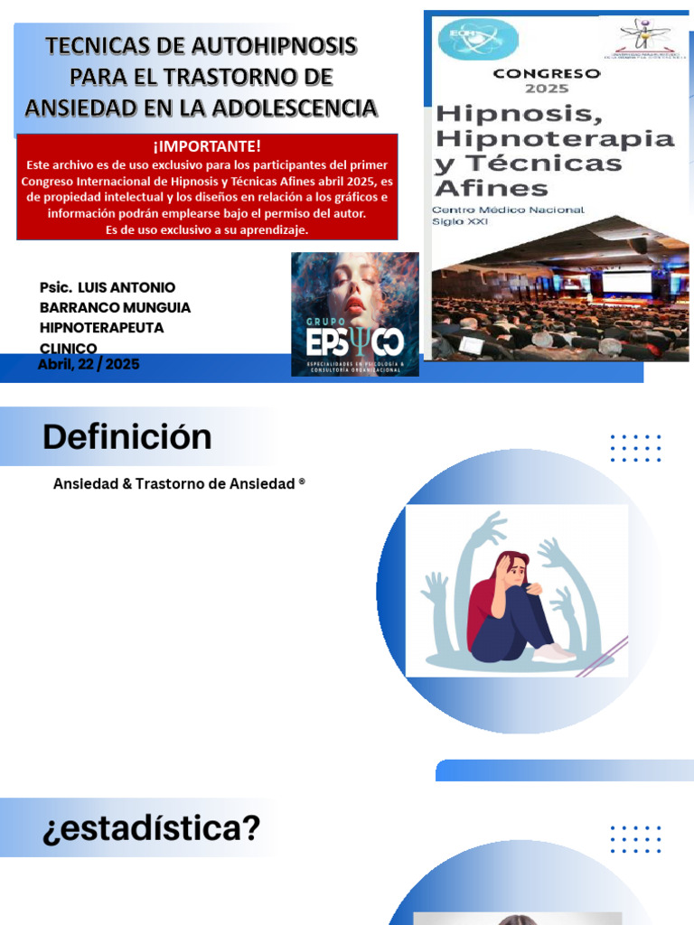 2.1 PRESENTACIÓN TECNICAS DE AUTOHIPNOSIS PARA EL TRA. DE ANSIEDAD ...