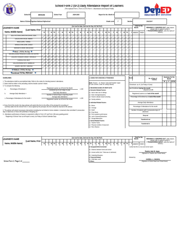 School Form 2 SF2 Daily Attendance Report of LearnersJakdJapay121 | PDF ...