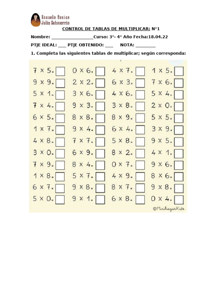 Control de Tablas de Multiplicar 4° Abril | PDF
