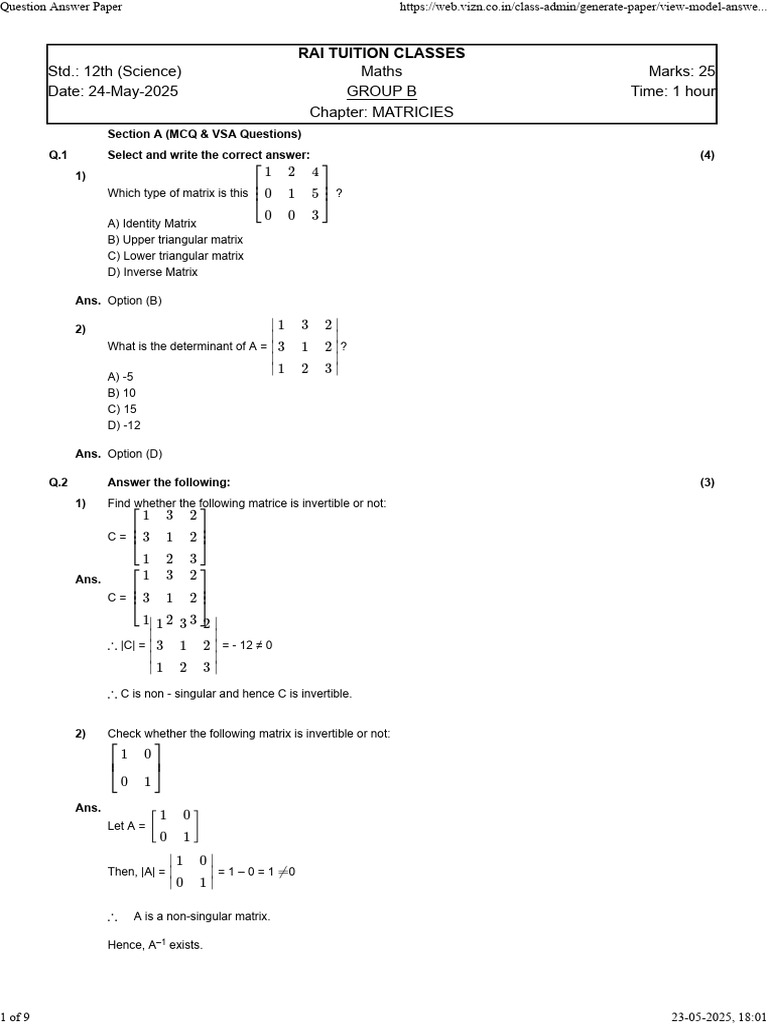Xii Maths Matrices 24.05.25 SOLN B | PDF | Functional Analysis | Mathematics