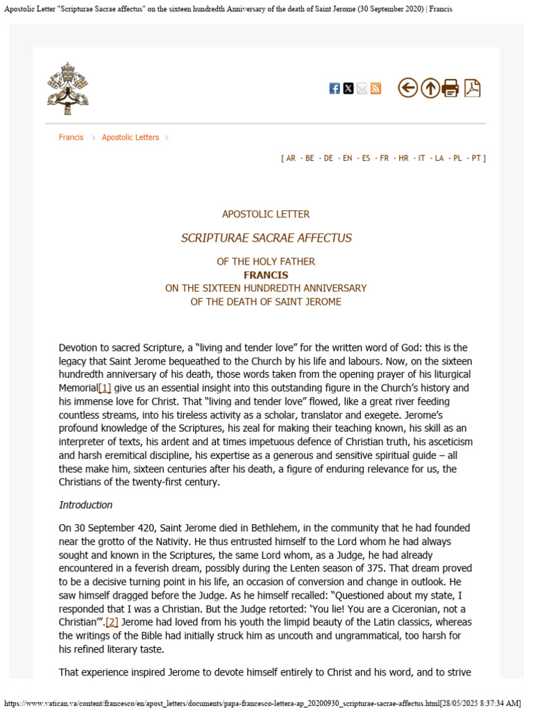 Apostolic Letter Scripturae Sacrae Affectus On The Sixteen Hundredth ...