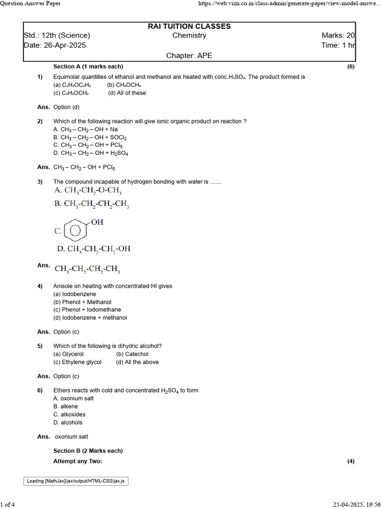 Xii Chem Ape 26.04.25 Soln A | PDF | Ethanol | Chemical Substances