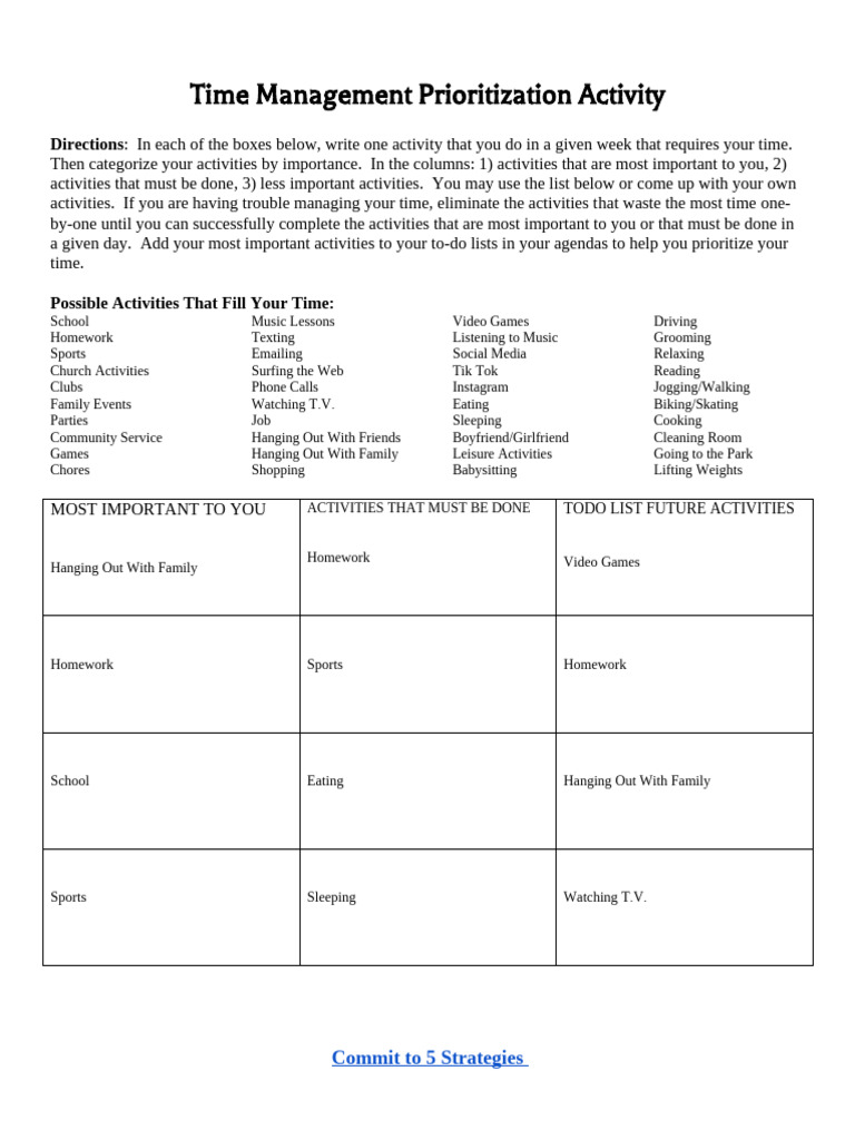 Time Management Prioritization Activity | PDF | Procrastination ...