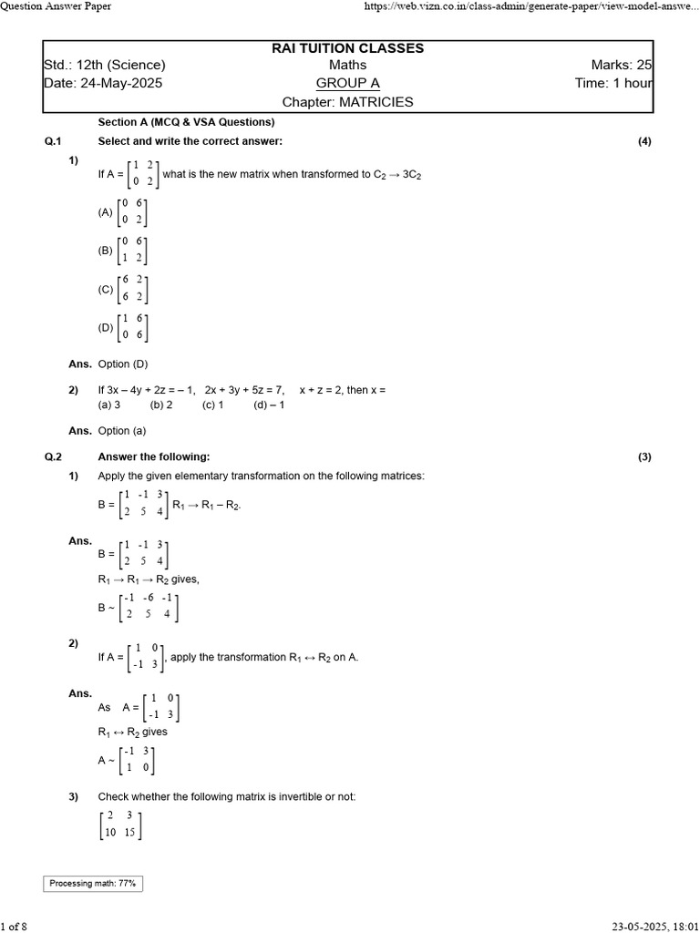 Xii Maths Matrices 24.05.25 SOLN A | PDF | Matrix (Mathematics) | Mathematical Analysis