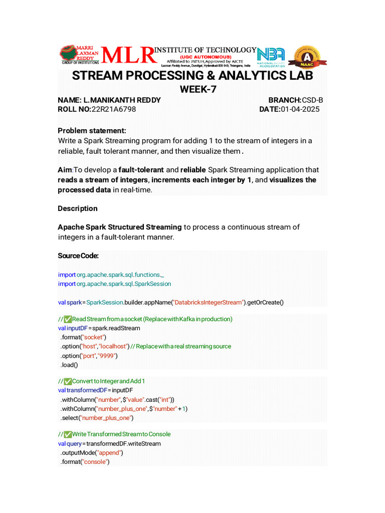 Stream Processing & Analytics Lab: WEEK-7 | PDF