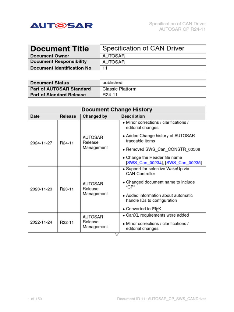 AUTOSAR CP SWS CANDriver | PDF | Specification (Technical Standard) | Bit