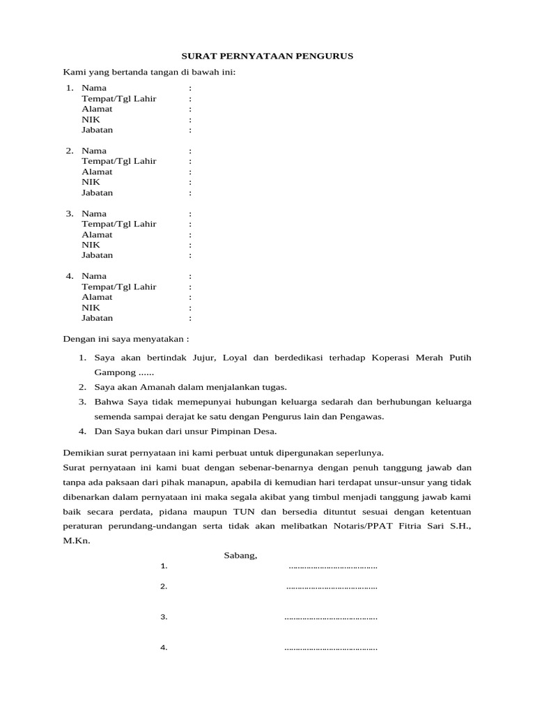 Surat Pernyataan Pengurus Kopdes Merah Putih | PDF