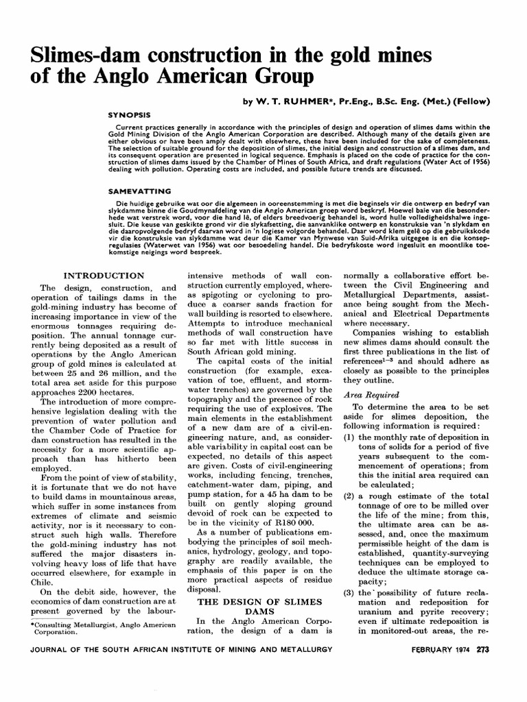 Ruhmer Slimes Dam Construction in The Gold Mines of The Anglo American ...