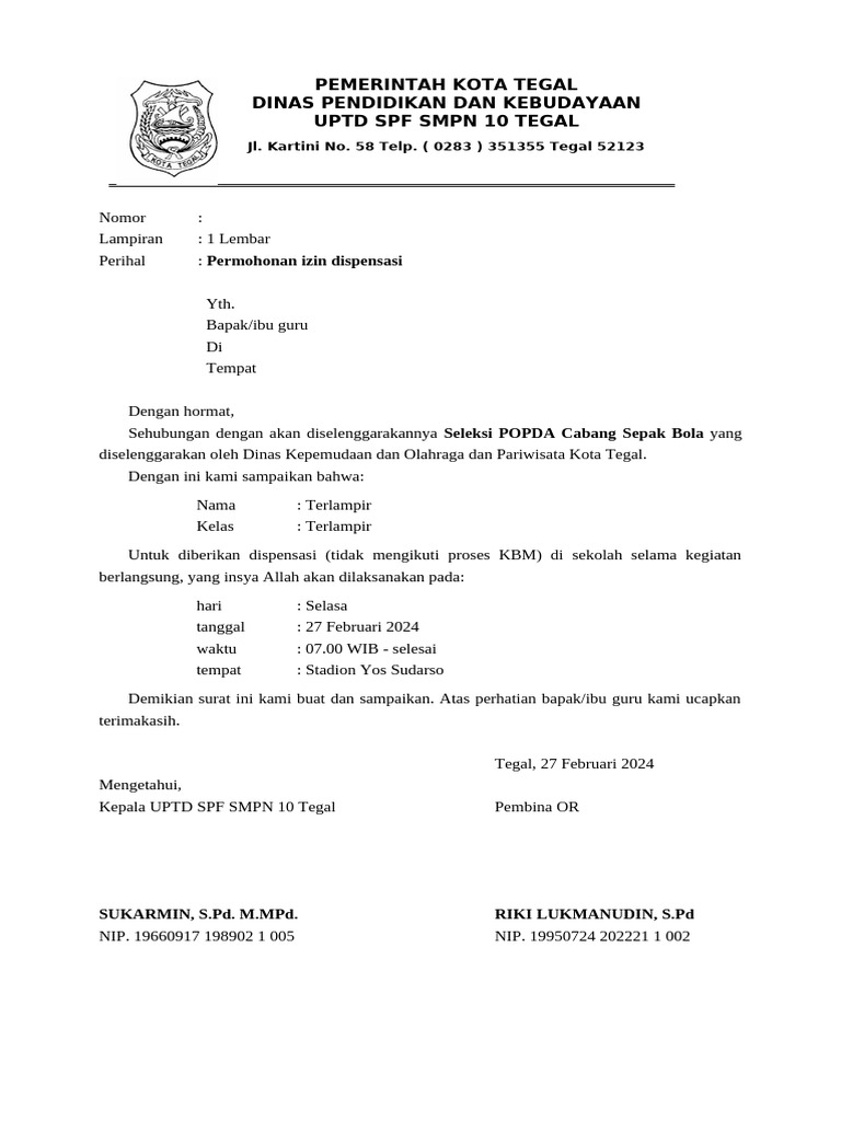 Surat Permohonan Dispensasi POPDA Sepak Bola | PDF