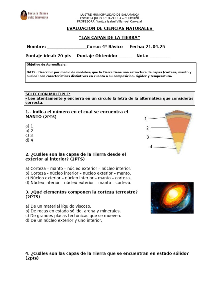 Evaluación CS Naturales Capas de La Tierra 4 25 | PDF | Tierra | Corteza (Geología)