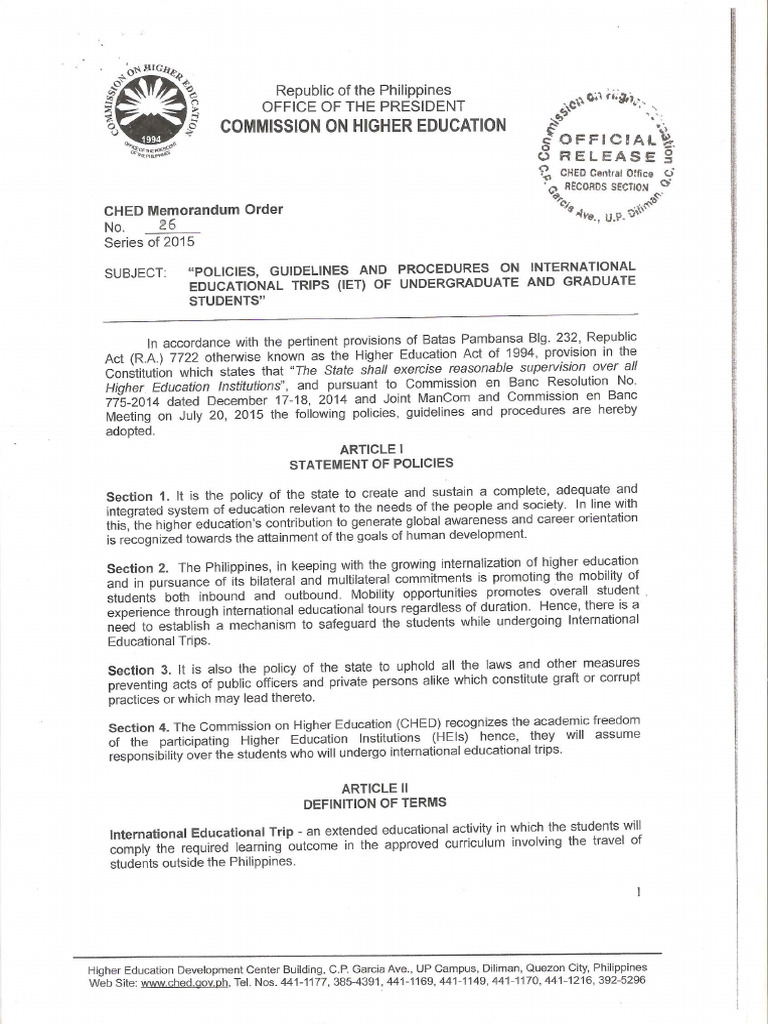 CHED CMO No 26 2015 01 International Educational Trips | PDF