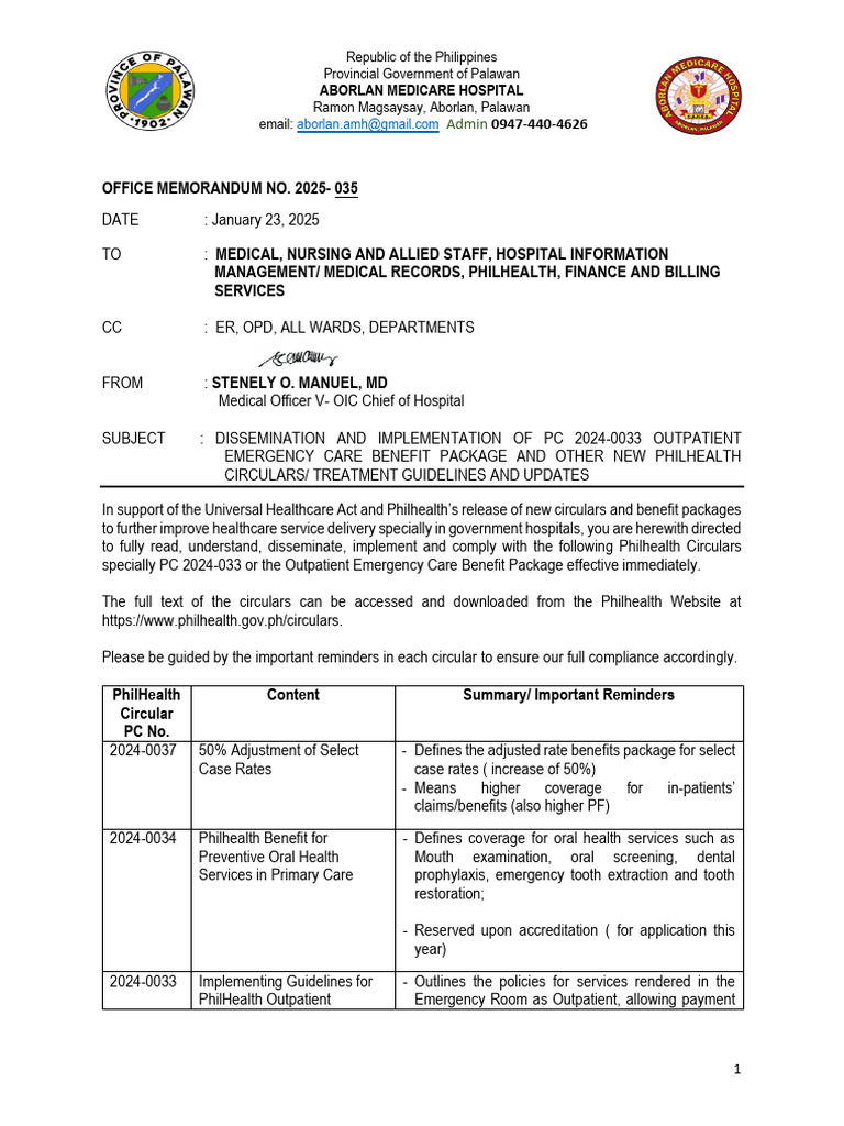 AMH Office Memo On Philhealth Outpatient Emergency Care Package and ...