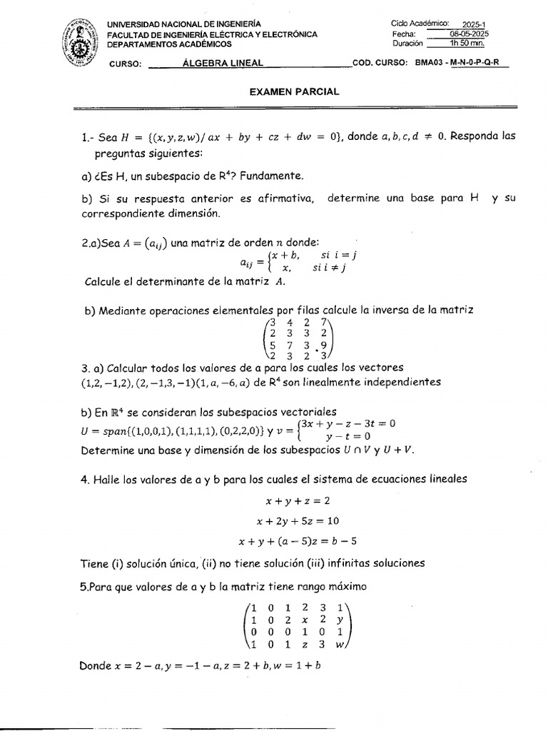 Ex Parcial Alg Lineal 2025-1 | PDF