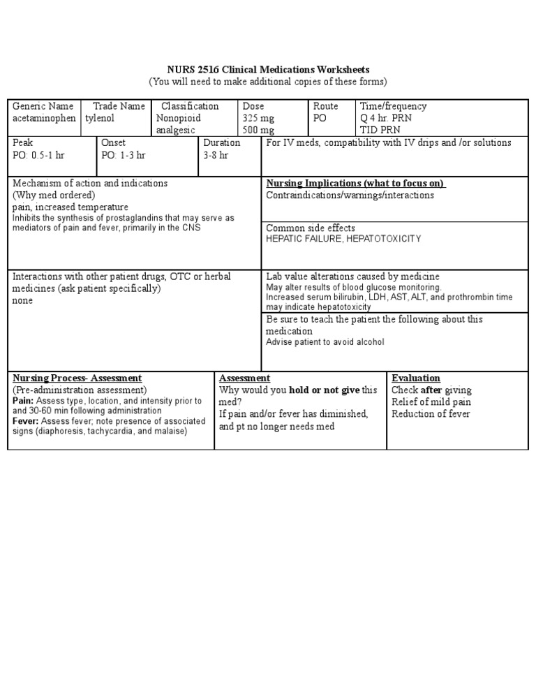 Acetaminophen (Tylenol) Medication Card | PDF