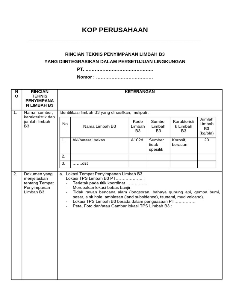 Contoh Isian Format Rincian Teknis Penyimpanan Limbah B3 | PDF