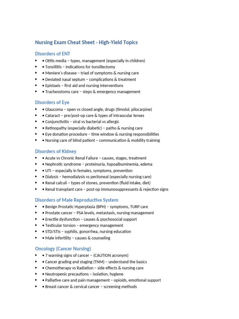 Nursing Exam Cheat Sheet | PDF