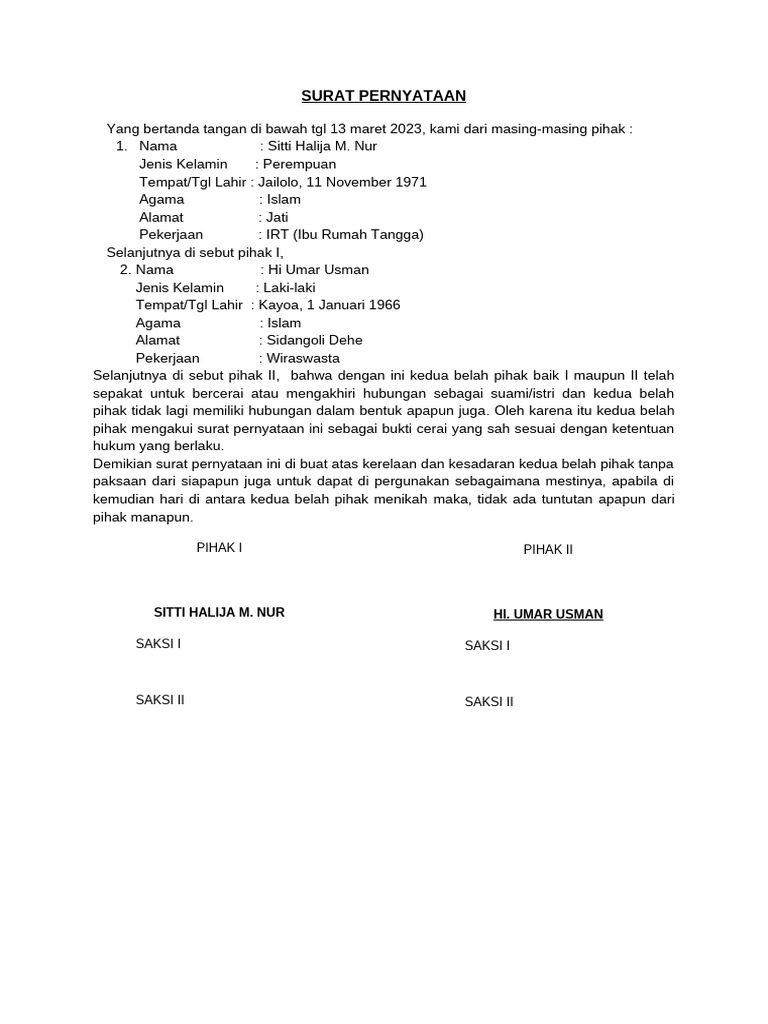 Surat Pernyataan Cerai | PDF