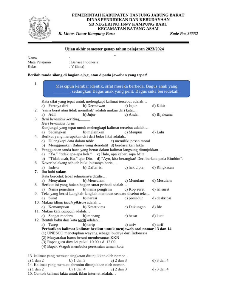Soal Bindo Kelas 5 | PDF