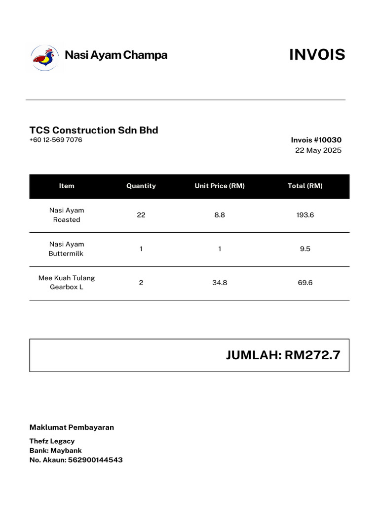 Nasi Ayam Champa Invoice PDF | PDF