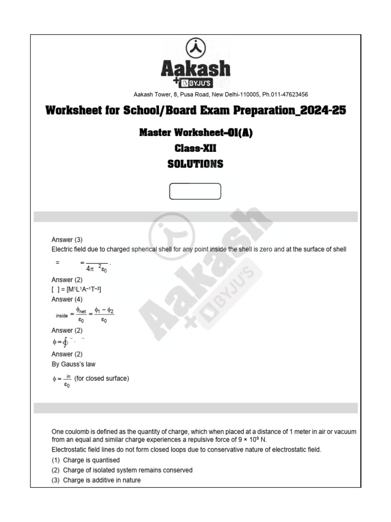 Master Worksheet 01A Physics XII Electric Charge and Fields Sol | PDF | Electric Field | Physics