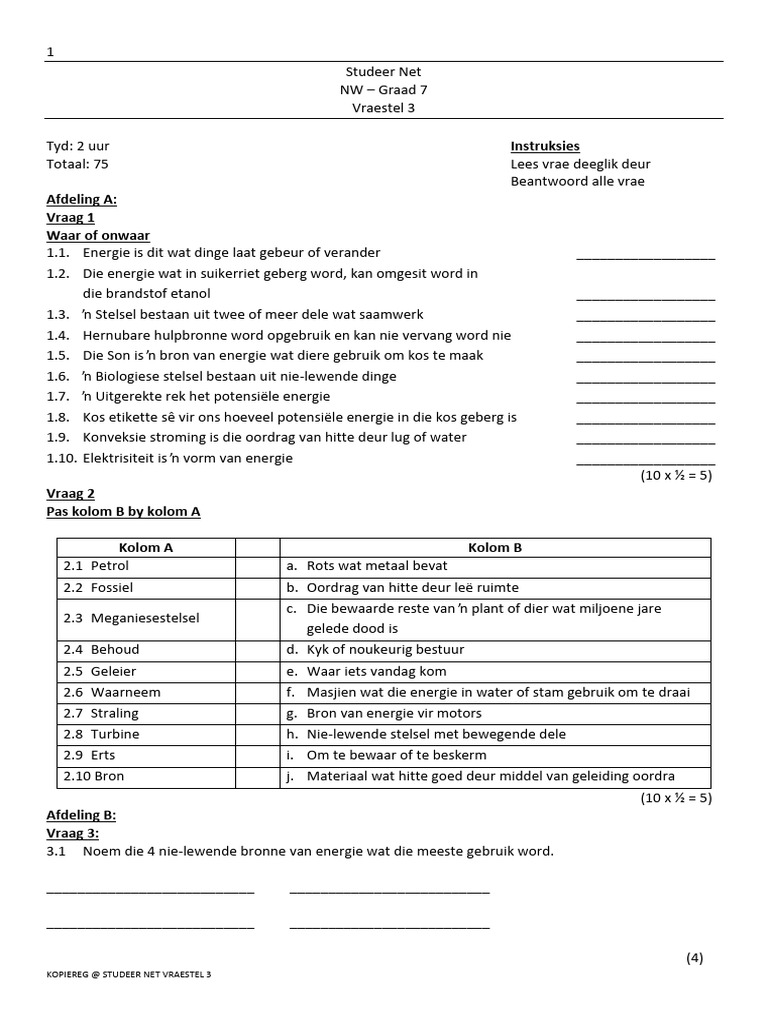 Graad 7 - NW - Kwartaal 3 Vraestel | PDF