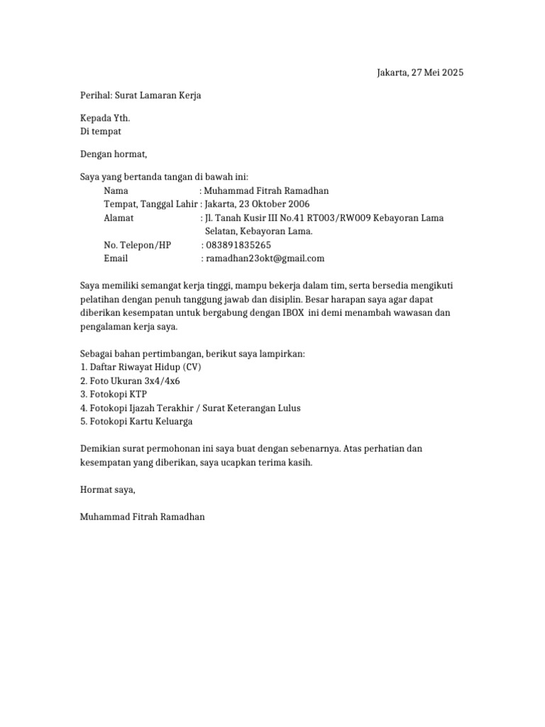 Surat Lamaran Magang Muhammad Fitrah Ramadhan | PDF