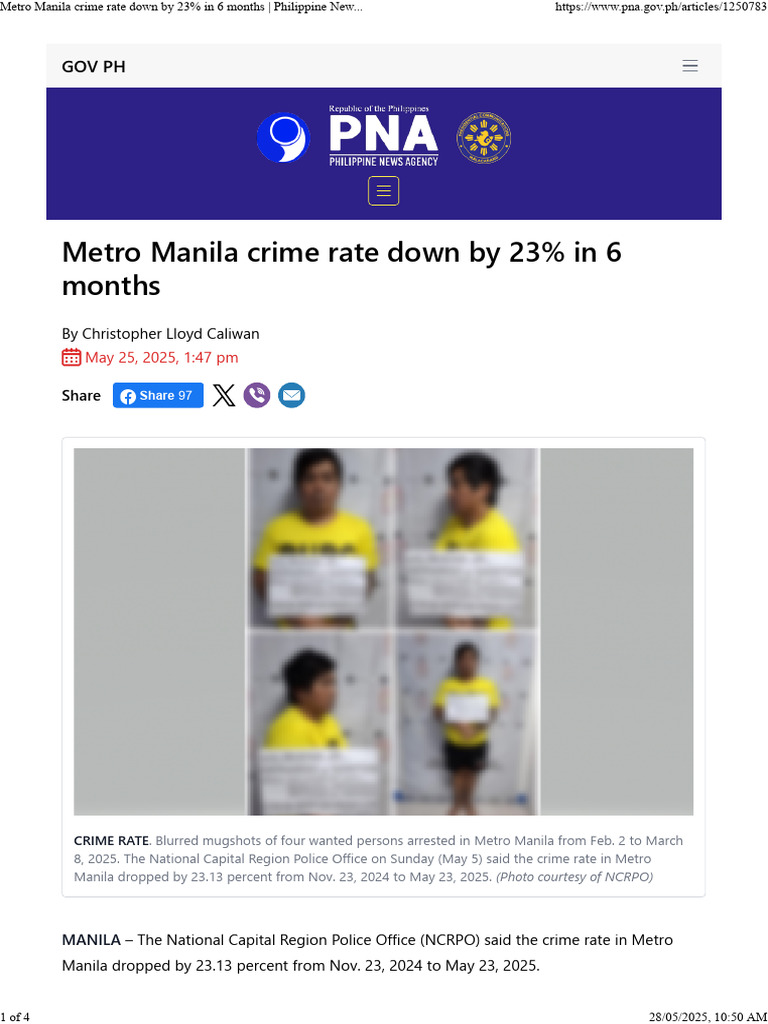 Metro Manila Crime Rate Down by 23 - in 6 Months - Philippine News ...