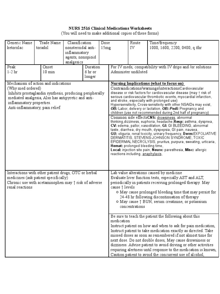 Drug Card Toradol | Medical Treatments | Clinical Medicine