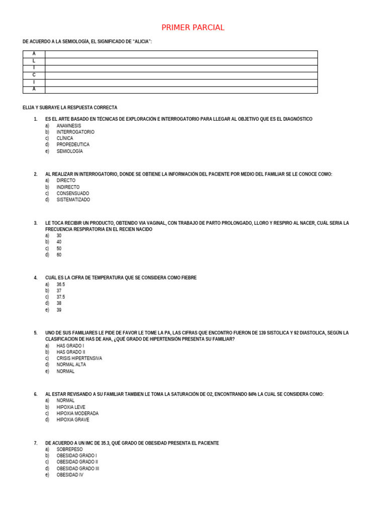 Examen De Semiología Médica Primer Y Segundo Parcial Pdf
