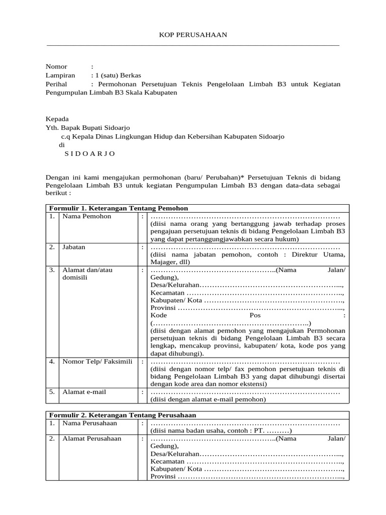 Surat Permohonan Persetujuan Teknis Pengumpulan LB3 Skala Kabupaten | PDF
