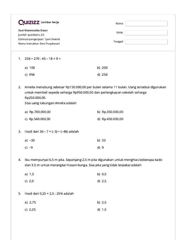 Soal Matematika Dasar - Quizizz | PDF