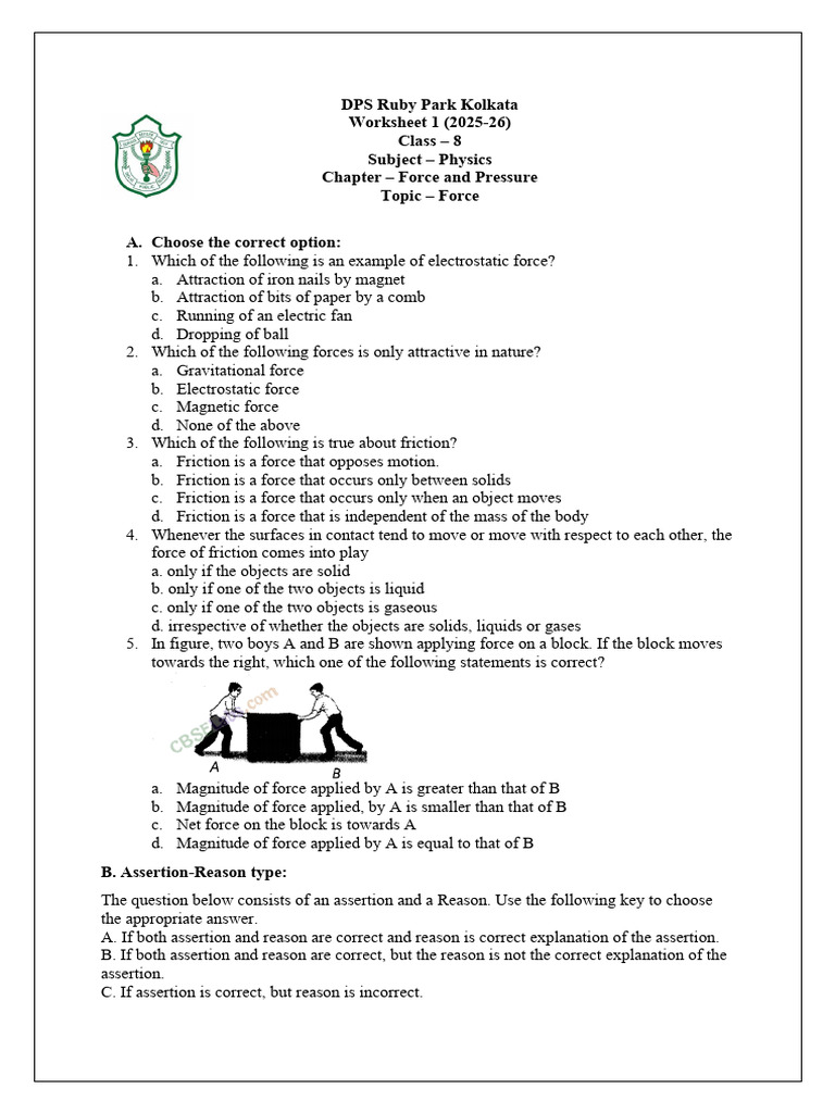 Worksheet 1 Force Class 8 | PDF | Force | Friction