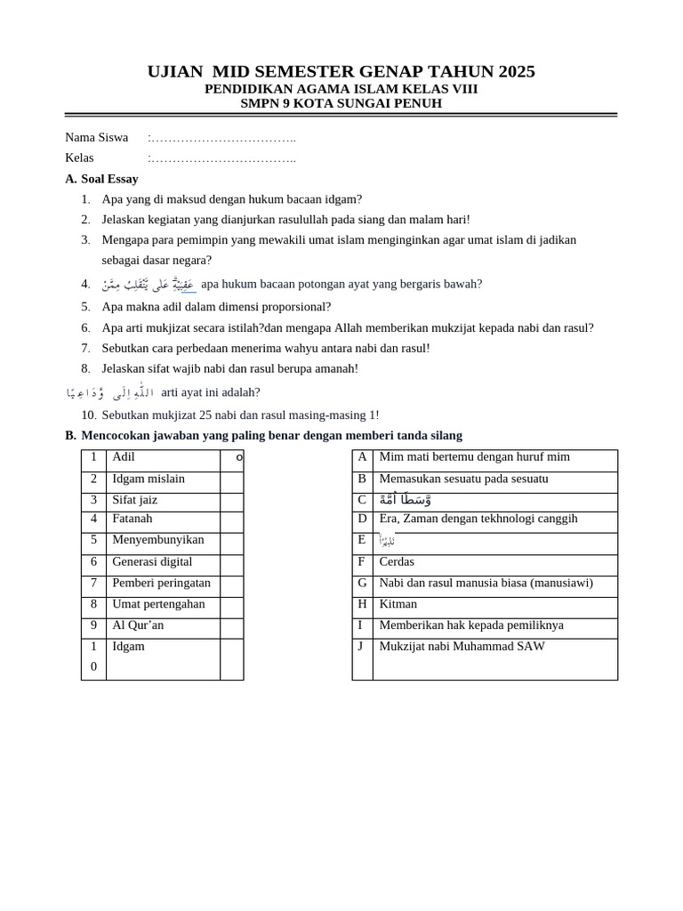 Ujian Mid Semester Pai Genap Tahun 2025 | PDF