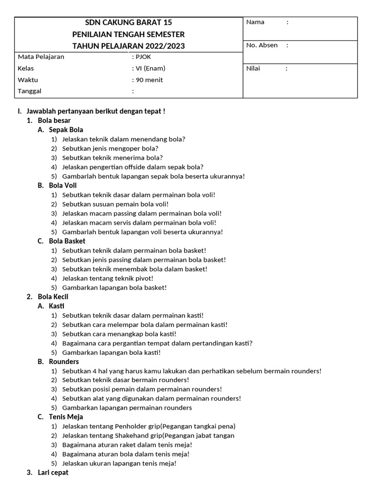 SOAL2 PTS PJOK KLS 6 S-1 | PDF