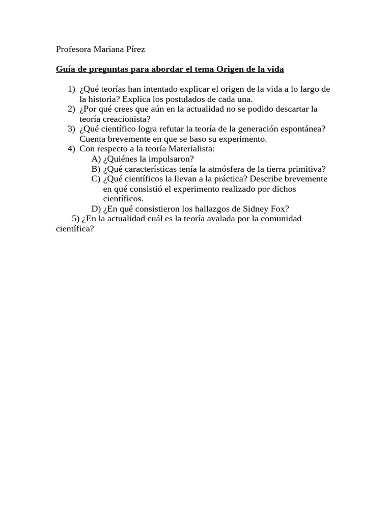 Guia de Preguntas para Origen de La Vida | PDF