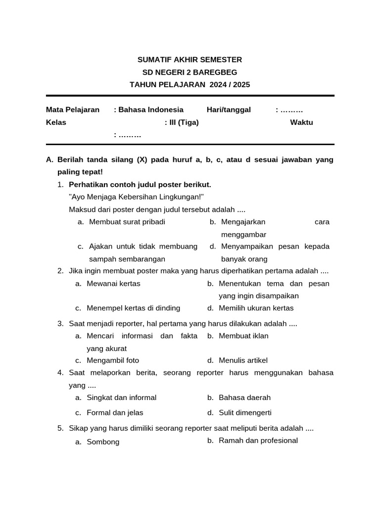 Naskah SAT Bhs. Indonesia Kls 3 | PDF