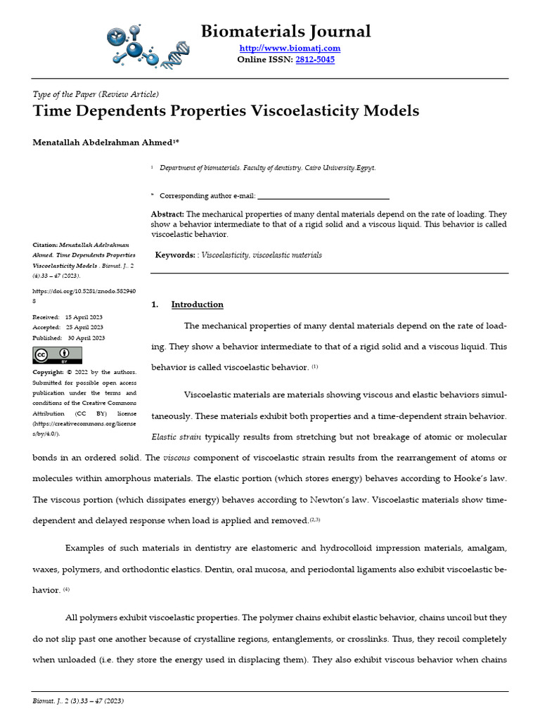 Biomaterials Journal: Time Dependents Properties Viscoelasticity Models | PDF | Viscoelasticity ...