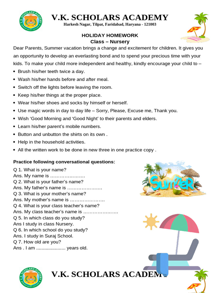 Holiday Homework of Nursery Class | PDF