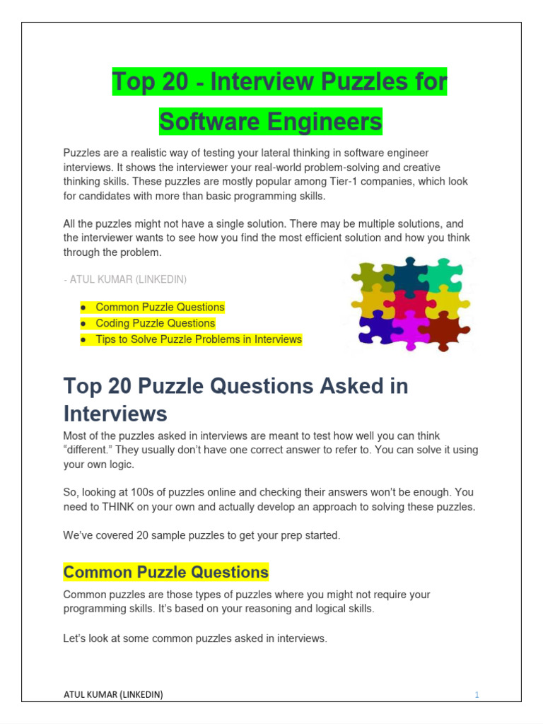 ?TOP 20 PUZZLES For SOFTWARE ENGINEER ? | PDF