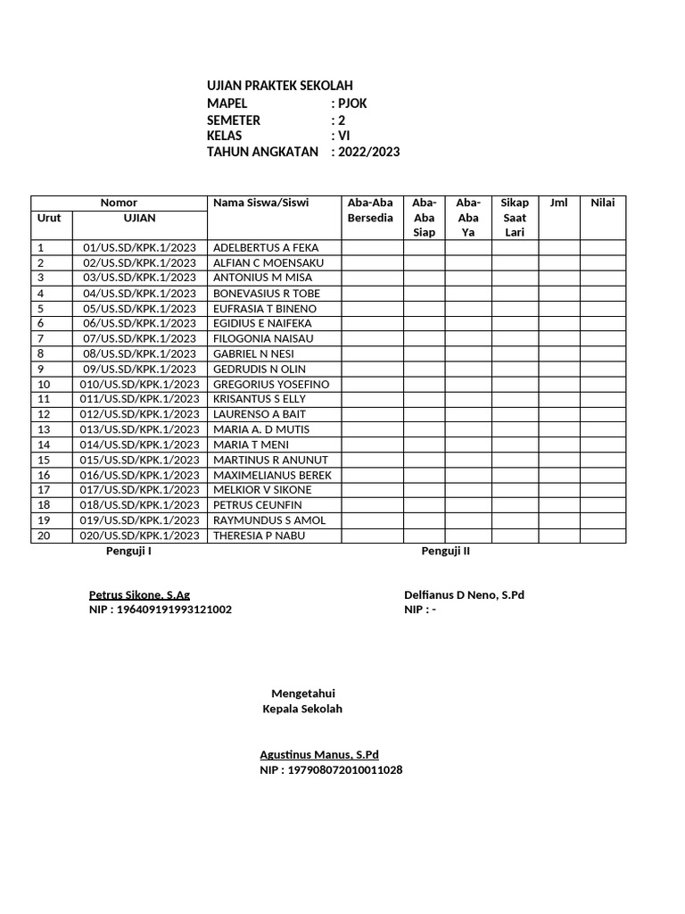 Format Nilai Ujian Praktek Sekolah | PDF