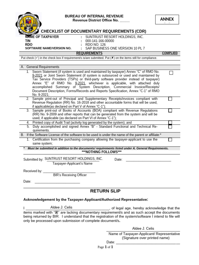 Annex A - Checklist of Documentary Requirements | PDF | Receipt ...