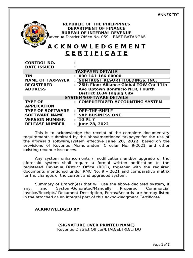 Annex D - Acknowledgment Certificate - With Attachment | PDF | Receipt ...