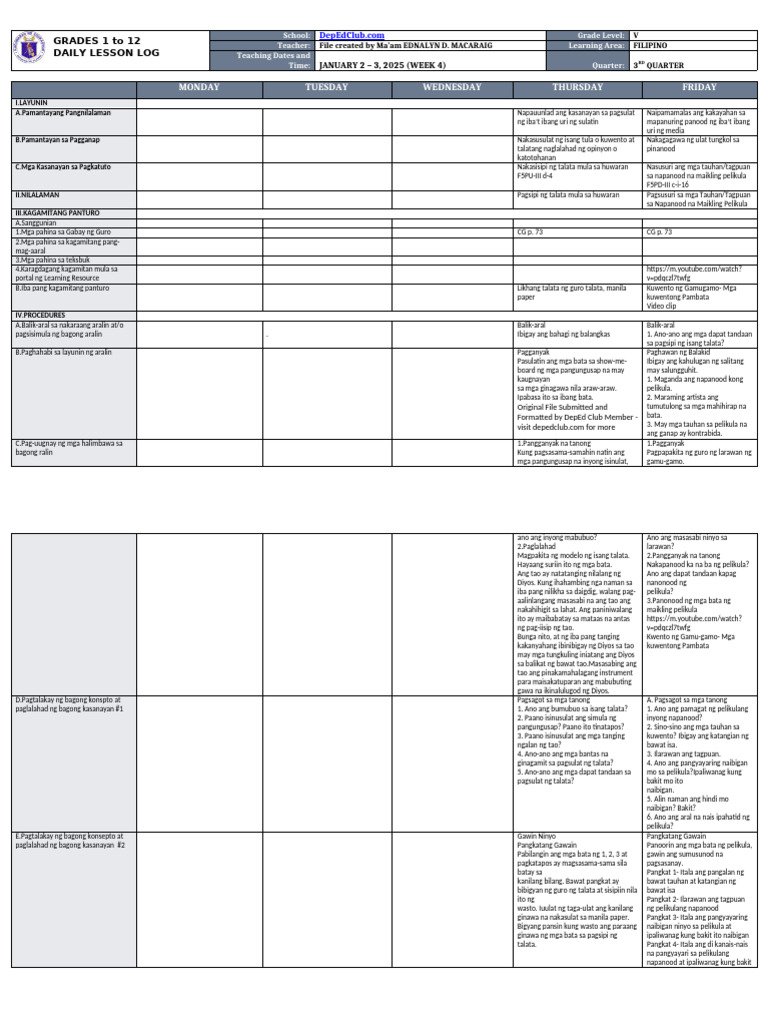 DLL - Filipino 5 - Q3 - W4 | PDF