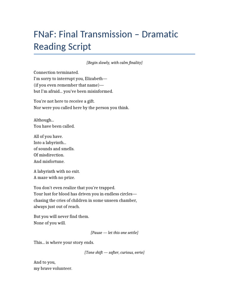 FNaF Final Transmission Reading Script | PDF