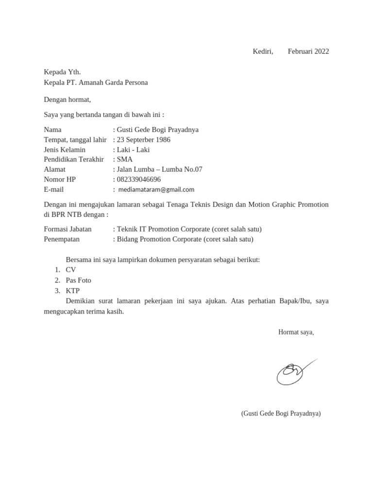 Format Surat Lamaran BPR NTB | PDF