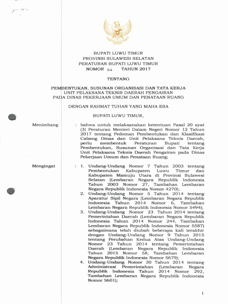 Perbup No.64 Tahun 2017 TTG Pembentukan Sotk Uptd Pengairan Pada Dinas ...