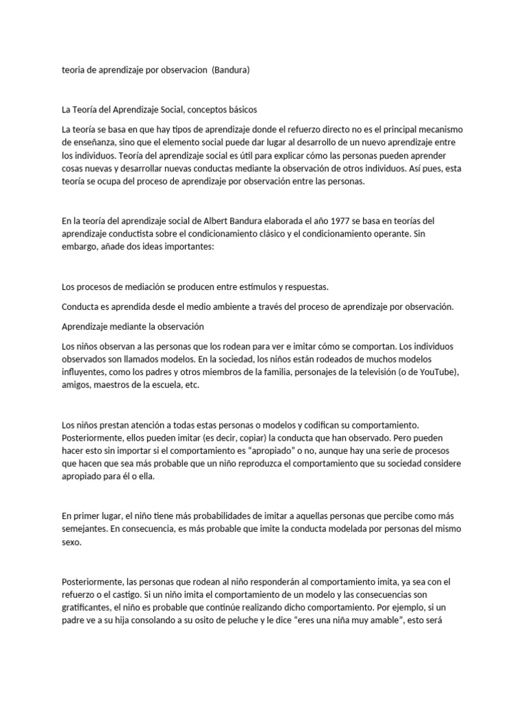 Teoria de Aprendizaje Por Observacion (Tarea#1) | PDF | Aprendizaje | Comportamiento