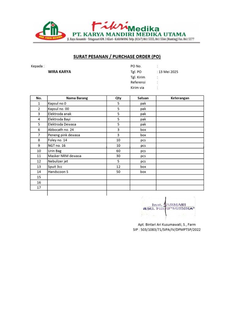 Contoh Surat Pesanan Reguler Obat | PDF