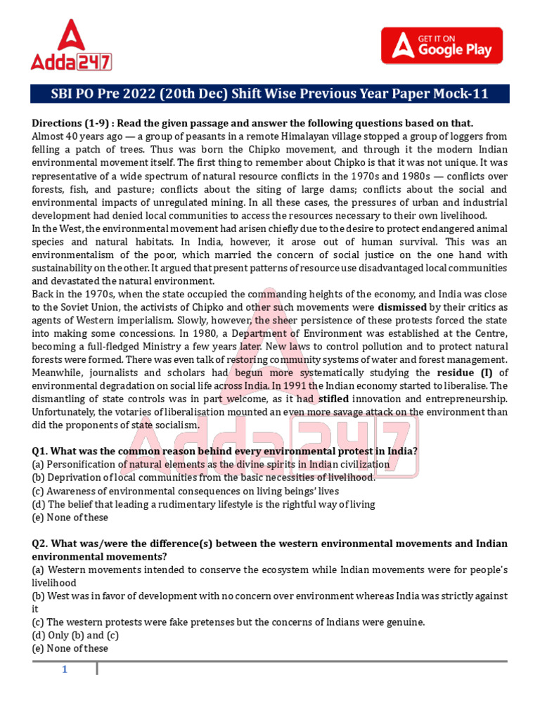 SBI PO Previous Year Paper Prelims Mock 11 | PDF | Verb | Grammatical Number